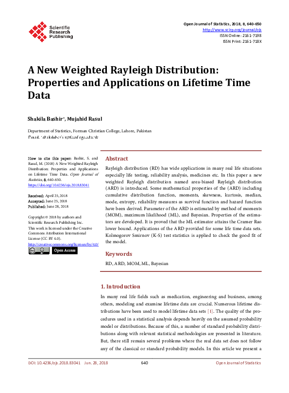 (PDF) A New Weighted Rayleigh Distribution: Properties and Applications on Lifetime Time Data