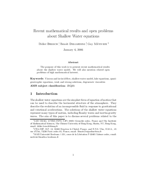 (PDF) Recent Mathematical Results and Open Problems about Shallow Water ...