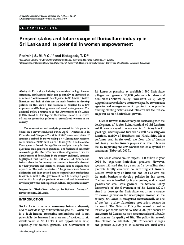 (PDF) Present status and future scope of floriculture industry in Sri ...