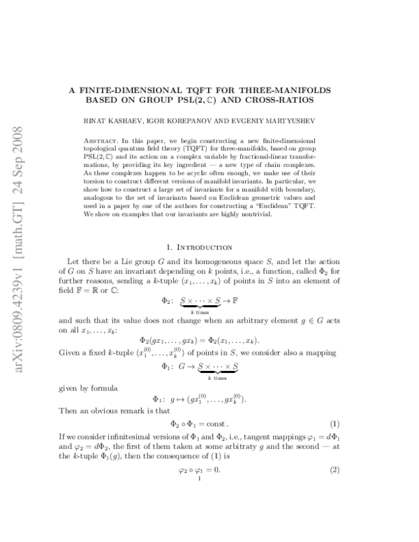 (PDF) A finite-dimensional TQFT for three-manifolds based on group PSL ...