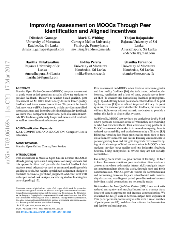 (PDF) Improving Assessment on MOOCs Through Peer Identification and Aligned Incentives
