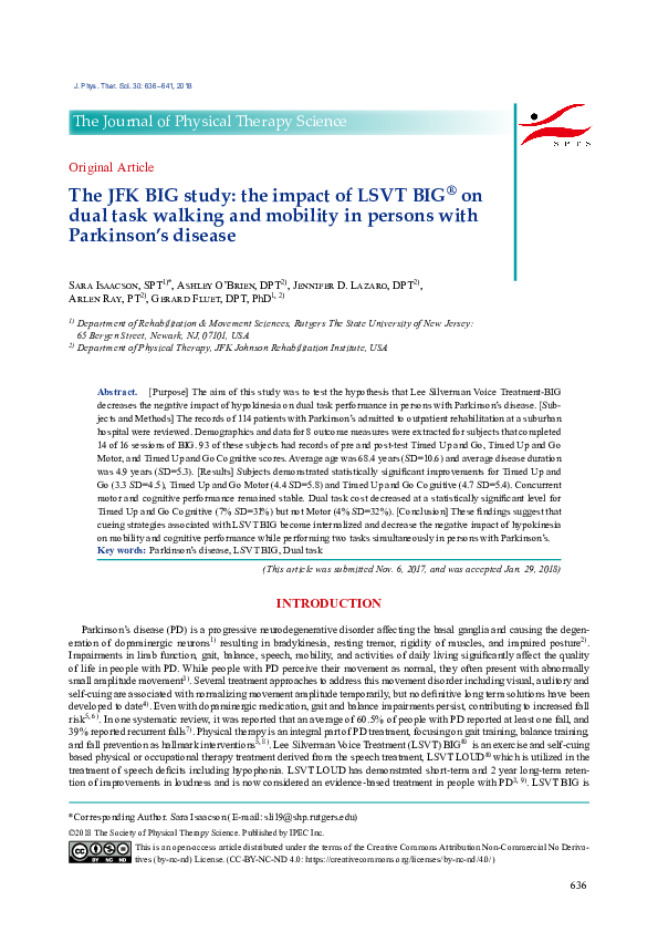 (PDF) The JFK BIG study: the impact of LSVT BIG® on dual task walking ...