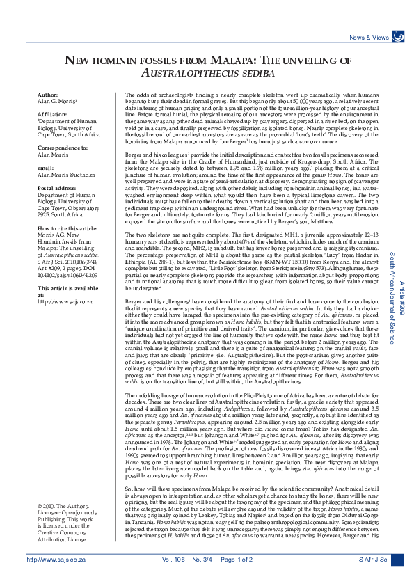 (PDF) New Hominin fossils from Malapa: The unveiling of ...
