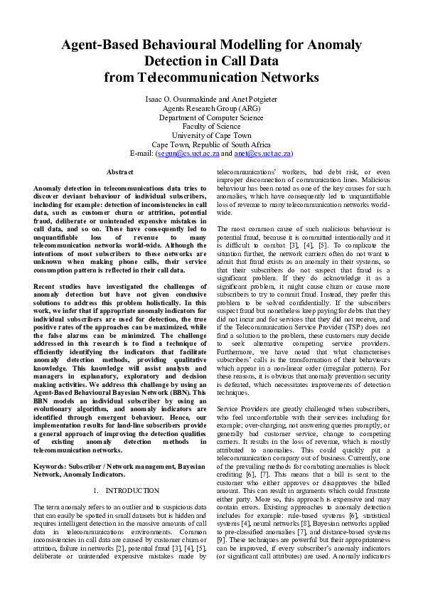(PDF) Agent-Based Behavioural Modelling for Anomaly Detection in Call Data from ...