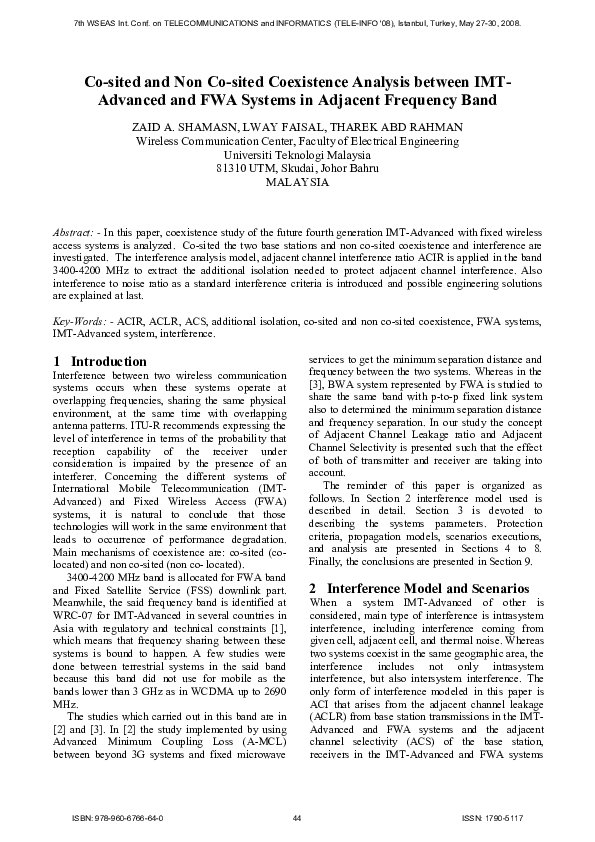 (PDF) Co-sited and non co-sited coexistence analysis between IMT-advanced and FWA systems in ...