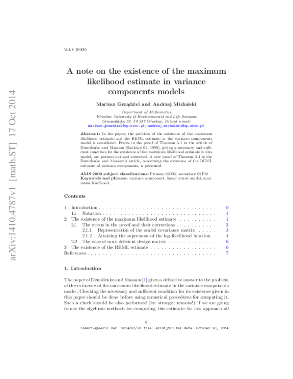 (PDF) A note on the existence of the maximum likelihood estimate in variance components models