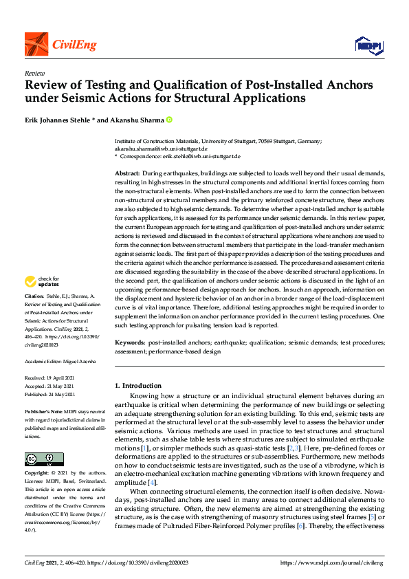 Pdf Review Of Testing And Qualification Of Post Installed Anchors Under Seismic Actions For