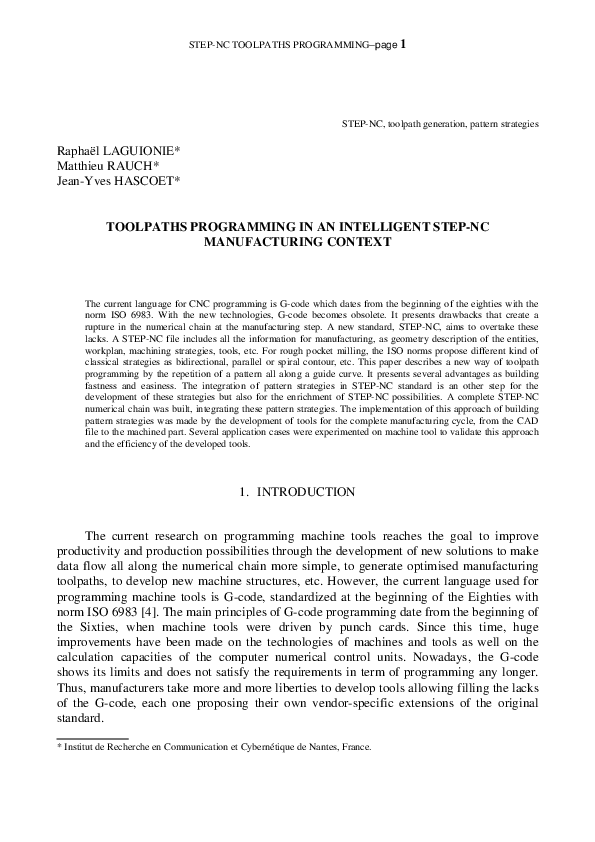 (PDF) Toolpaths Programming in an Intelligent Step-NC Manufacturing ...