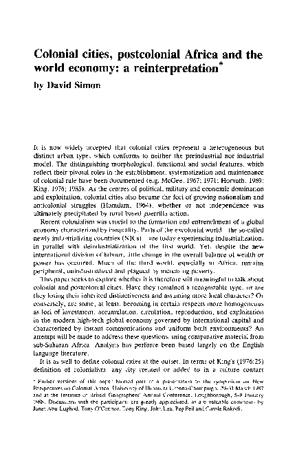 (PDF) Colonial cities, postcolonial Africa and the world economy: a ...