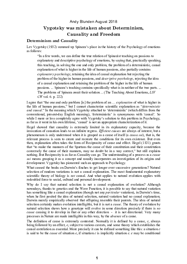 (PDF) Vygotsky was mistaken about Determinism, Causality and Freedom