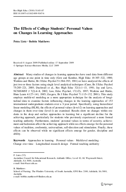 (PDF) The Effects of College Students Personal Values on Changes in ...