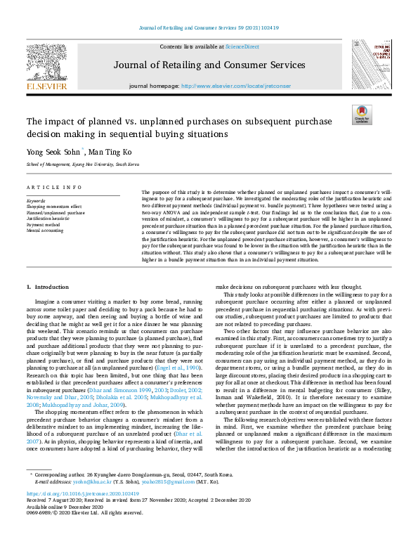 (PDF) The impact of planned vs. unplanned purchases on subsequent ...