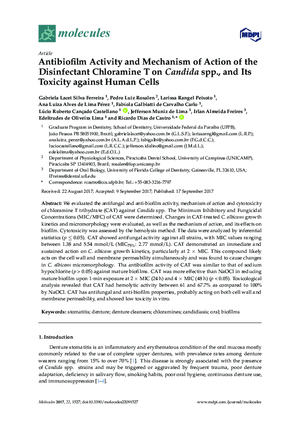 (PDF) Antibiofilm Activity and Mechanism of Action of the Disinfectant Chloramine T on Candida ...