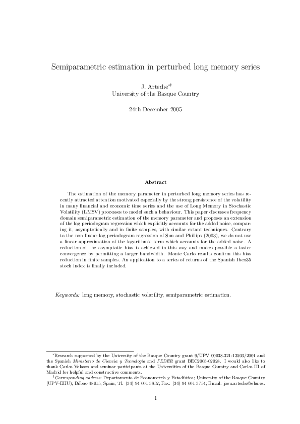 (PDF) Semiparametric estimation in perturbed long memory series | Josu Arteche - Academia.edu