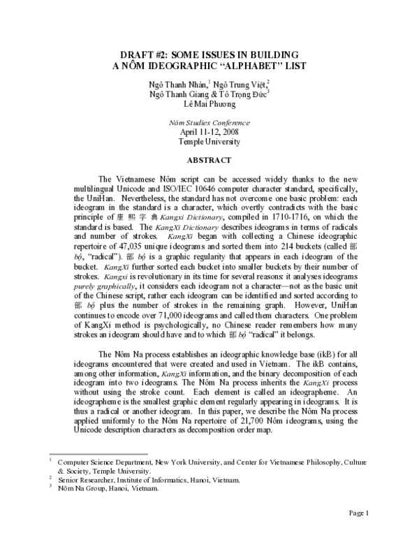 (PDF) Draft# 2: Some Issues in Building a Nôm Ideographic alphabet List