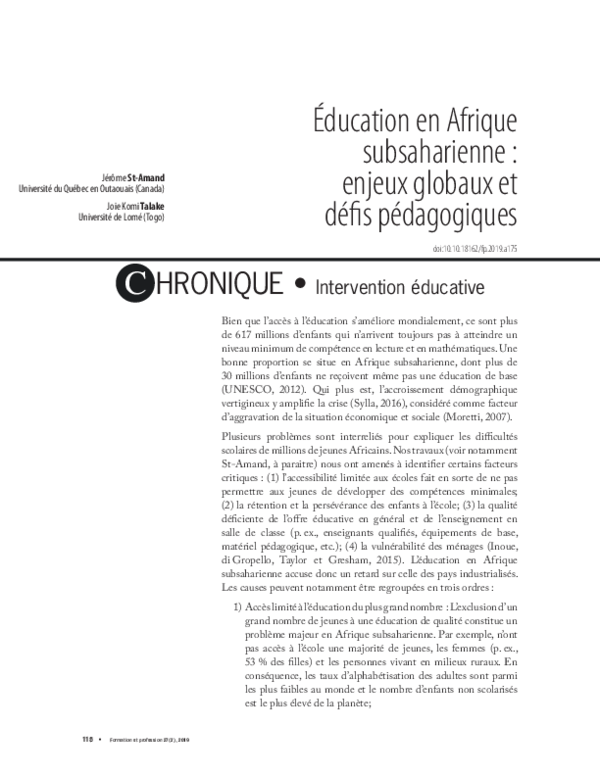 (PDF) Éducation en Afrique subsaharienne : enjeux globaux et défis ...