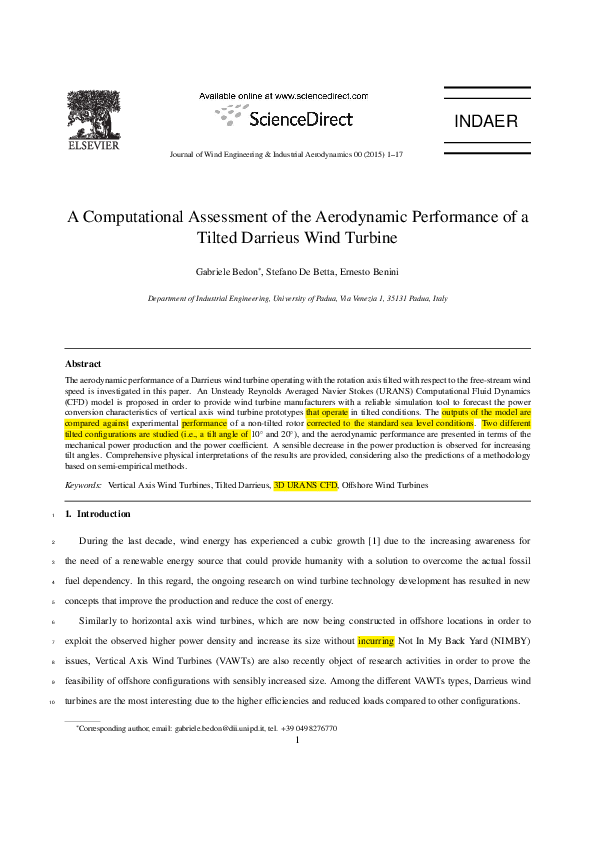 Pdf A Computational Assessment Of The Aerodynamic Performance Of A Tilted Darrieus Wind Turbine