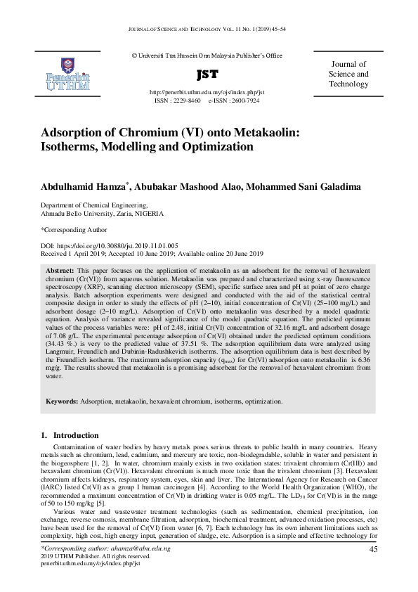 (PDF) Adsorption of Chromium (VI) onto Metakaolin: Isotherms, Modelling and Optimization