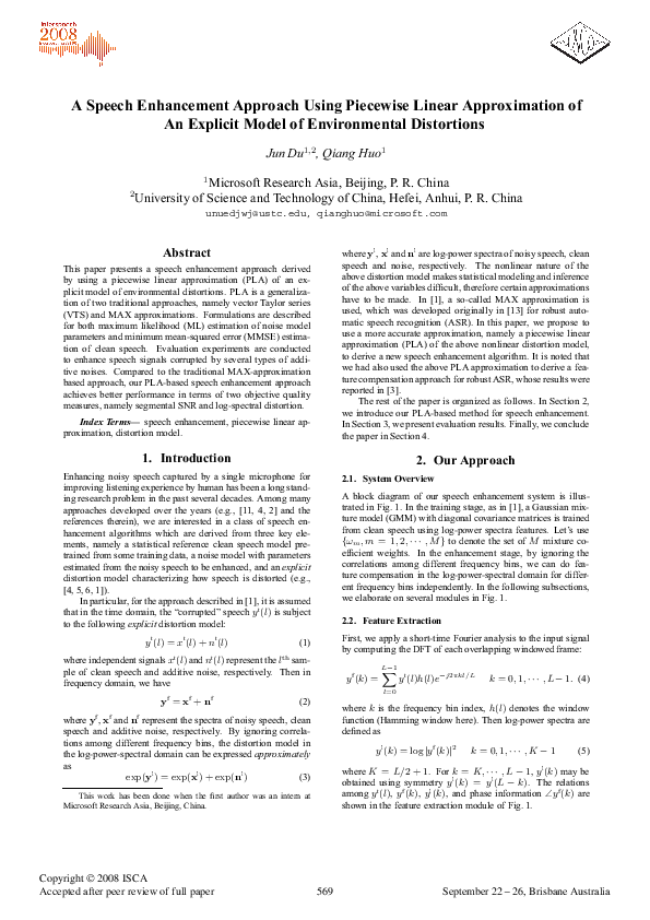 (PDF) A Speech Enhancement Approach Using Piecewise Linear Approximation of An Explicit Model of ...