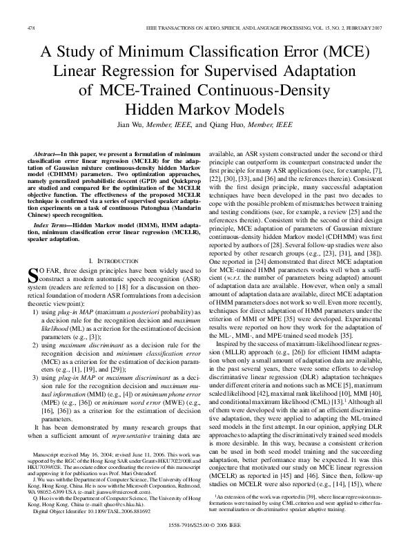 (PDF) A Study of Minimum Classification Error (MCE) Linear Regression for Supervised Adaptation ...