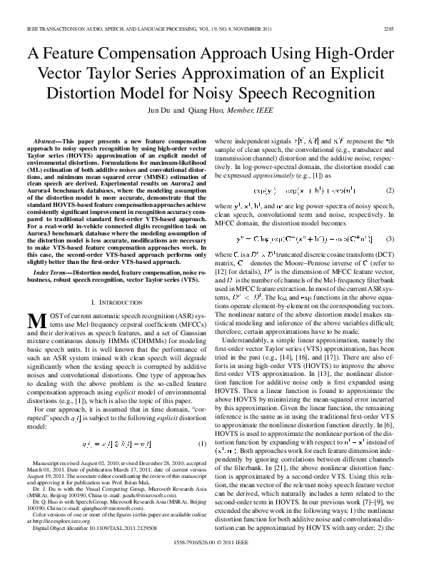 (PDF) A Feature Compensation Approach Using High-Order Vector Taylor Series Approximation of an ...