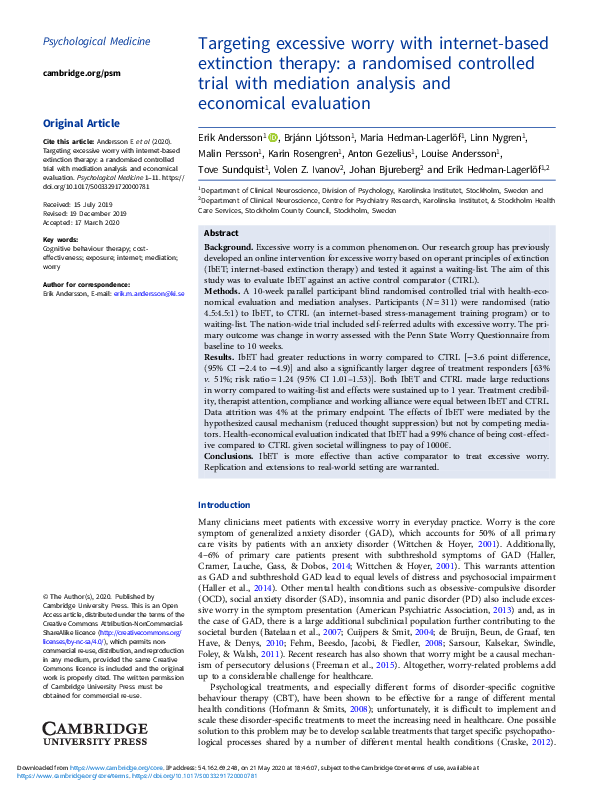 (PDF) Targeting excessive worry with internet-based extinction therapy ...