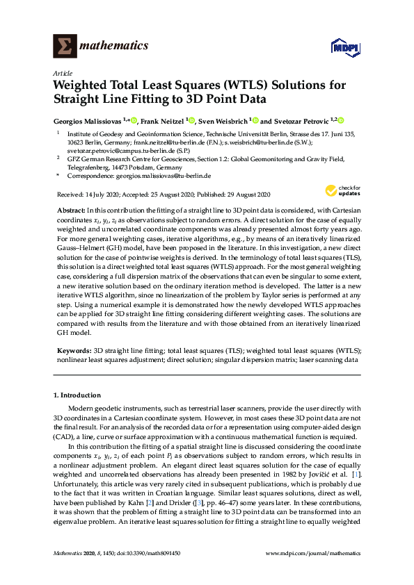 (PDF) Weighted Total Least Squares (WTLS) Solutions for Straight Line Fitting to 3D Point Data