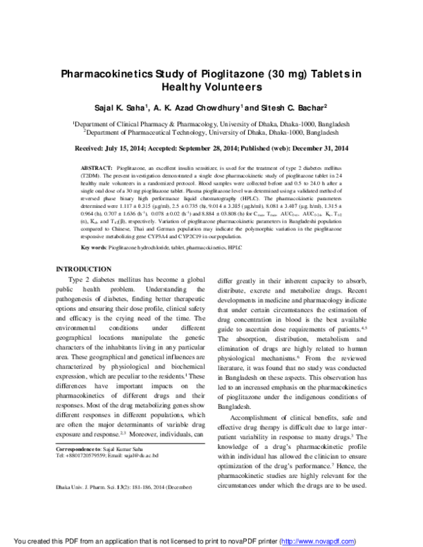 (PDF) Pharmacokinetics study of Pioglitazone (30 mg) tablets in healthy ...