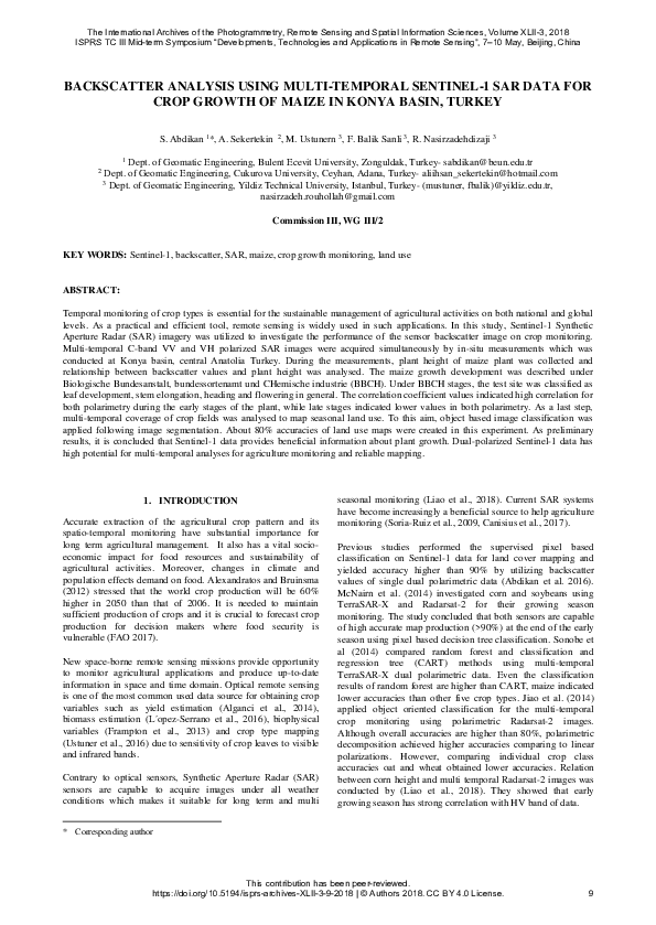 (PDF) Backscatter Analysis Using Multi-Temporal SENTINEL-1 Sar Data for Crop Growth of Maize in ...