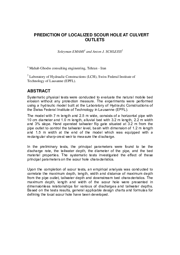 (PDF) Prediction of Localized Scour Hole on Natural Mobile Bed at Culvert Outlets