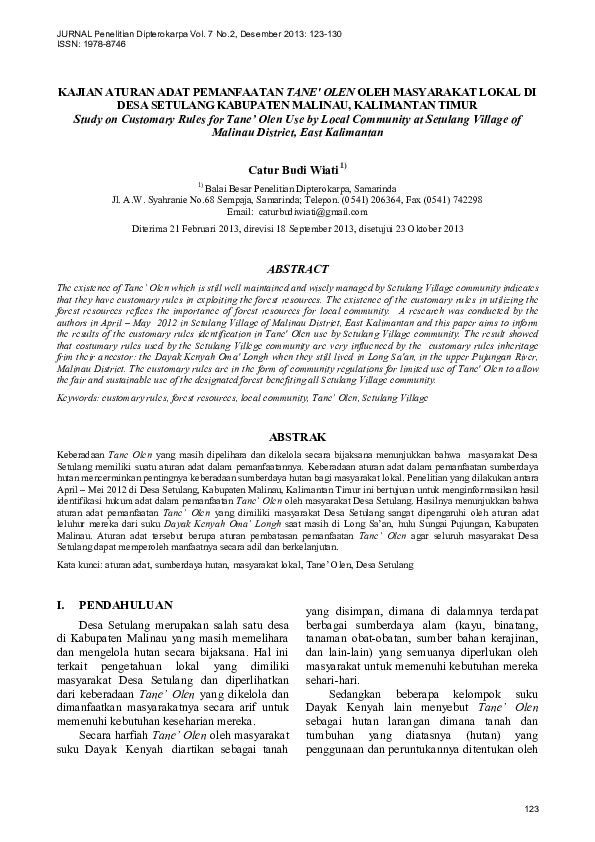 (PDF) Kajian Aturan Adat Pemanfaatan Tane' Olen Oleh Masyarakat Lokal ...