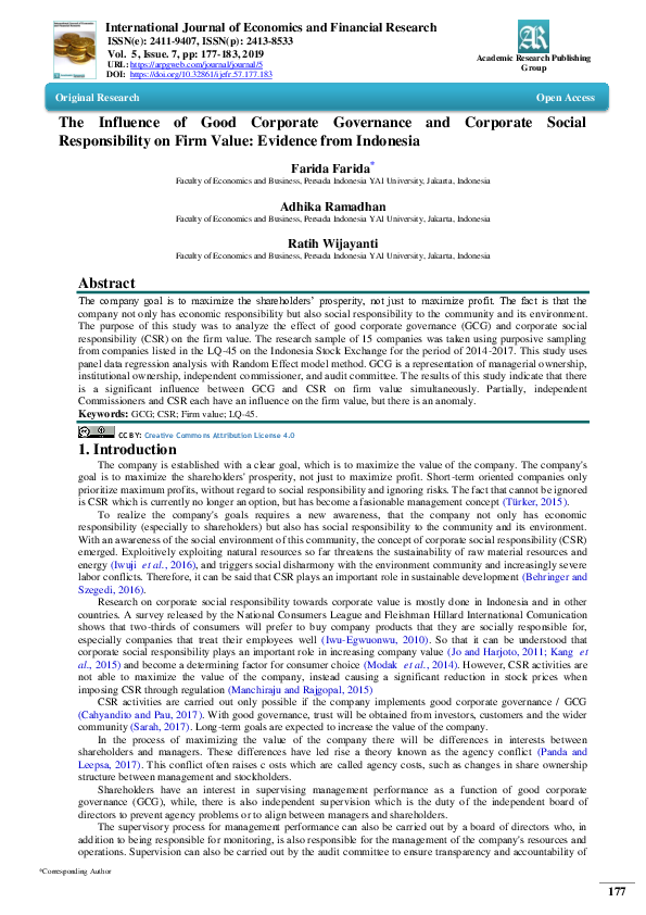 (PDF) The Influence of Good Corporate Governance and Corporate Social Responsibility on Firm ...