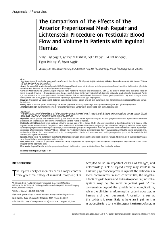 (PDF) The Comparison of The Effects of The Anterior Preperitoneal Mesh Repair and Lichtenstein ...