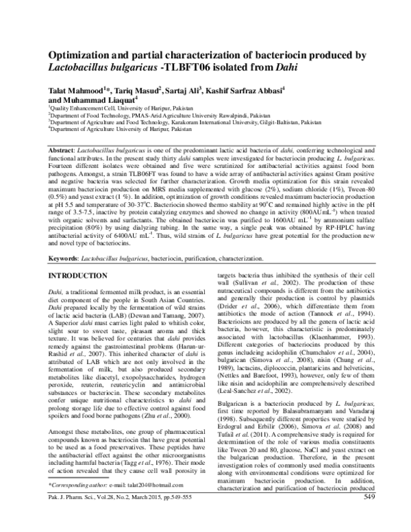 Pdf Optimization And Partial Characterization Of Bacteriocin Produced By Lactobacillus