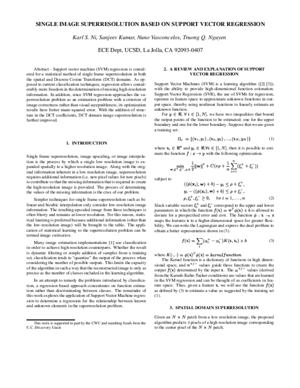 (PDF) Single image superresolution based on support vector regression | Sanjeev Kumar - Academia.edu