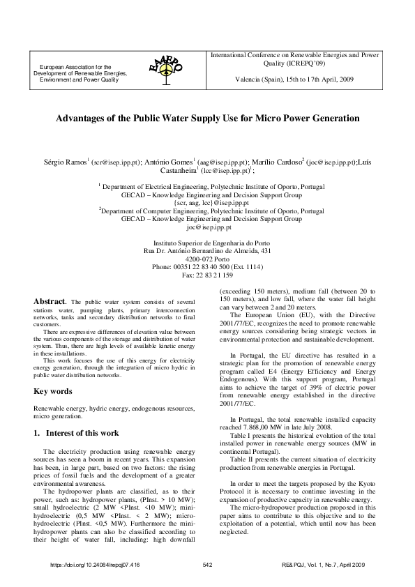 (PDF) Advantages of the public water supply use for micro power generation