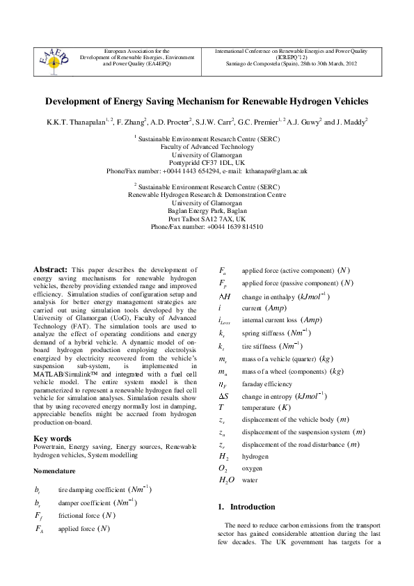 (PDF) Development of Energy Saving Mechanism for Renewable Hydrogen ...