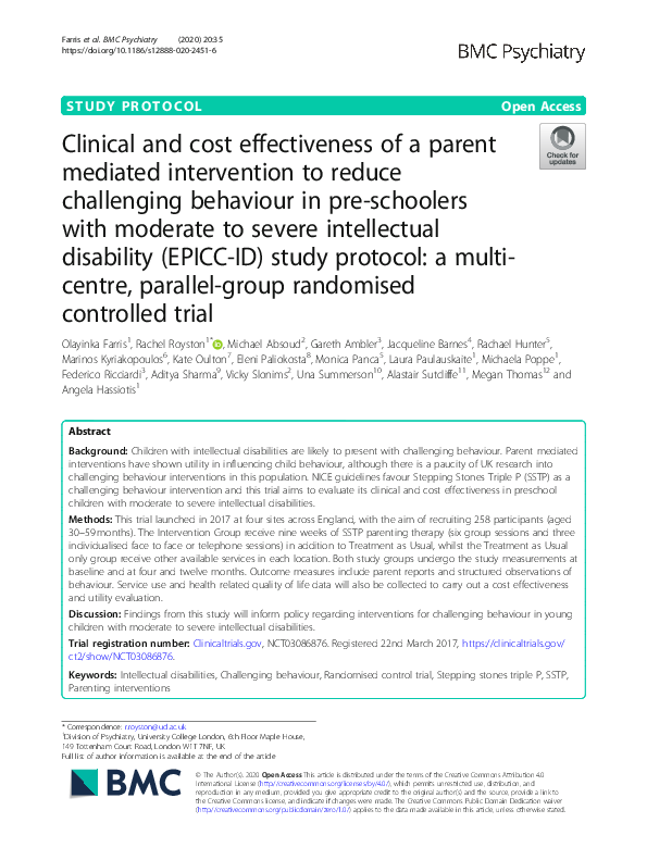 (PDF) Clinical and cost effectiveness of a parent mediated intervention to reduce challenging ...