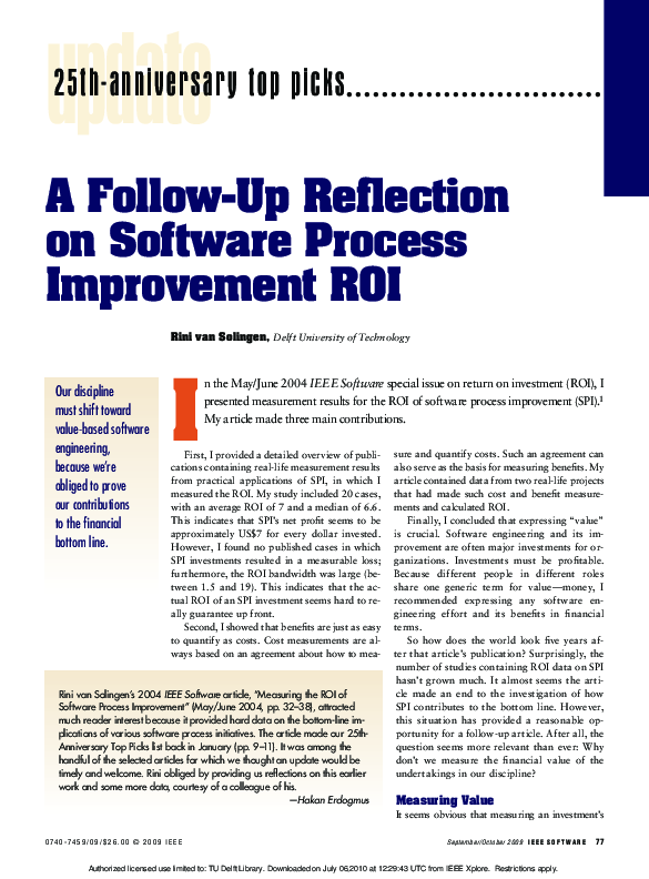 (PDF) A Follow-Up Reflection on Software Process Improvement ROI