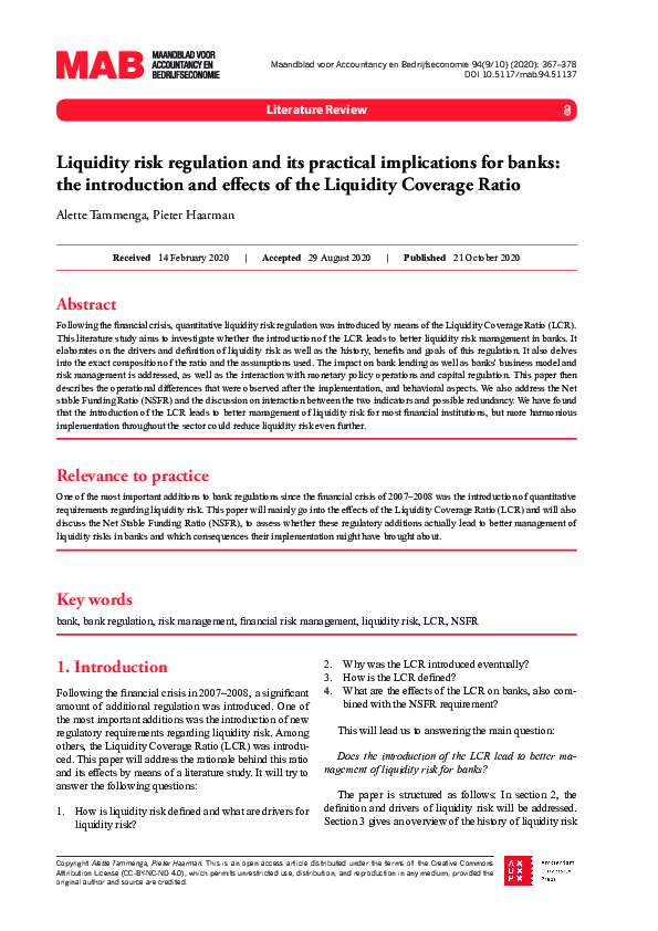 (PDF) Liquidity risk regulation and its practical implications for ...