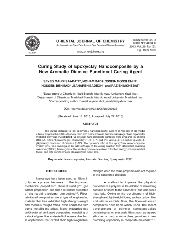 (PDF) Curing Study of Epoxy/clay Nanocomposite by a New Aromatic ...
