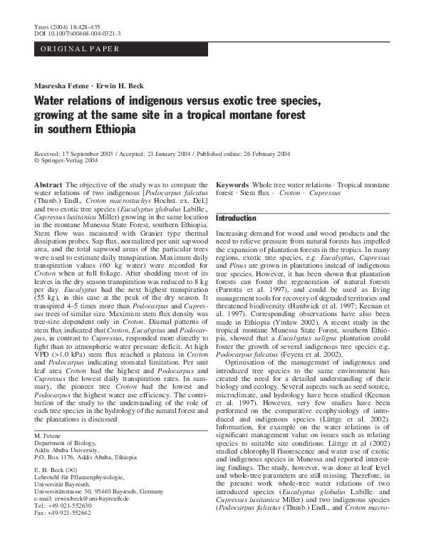(PDF) Water relations of indigenous versus exotic tree species, growing ...