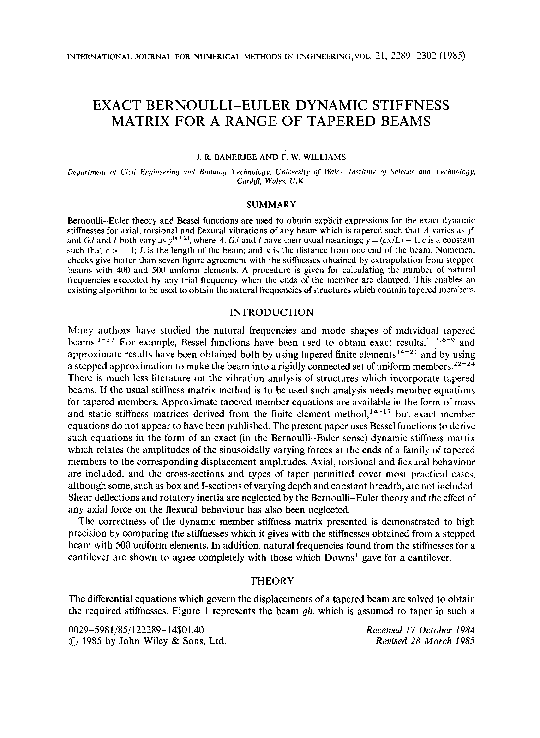 (PDF) Exact Bernoulli–Euler dynamic stiffness matrix for a range of tapered beams