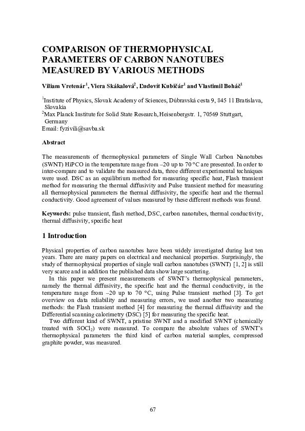 (PDF) Comparison of Thermophysical Parameters of Carbon Nanotubes Measured by Various Methods