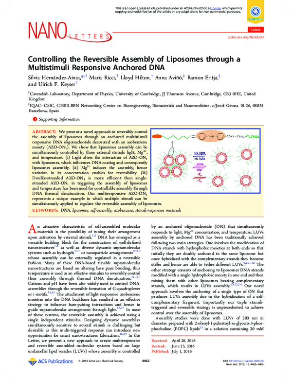 (PDF) Controlling the Reversible Assembly of Liposomes through a ...