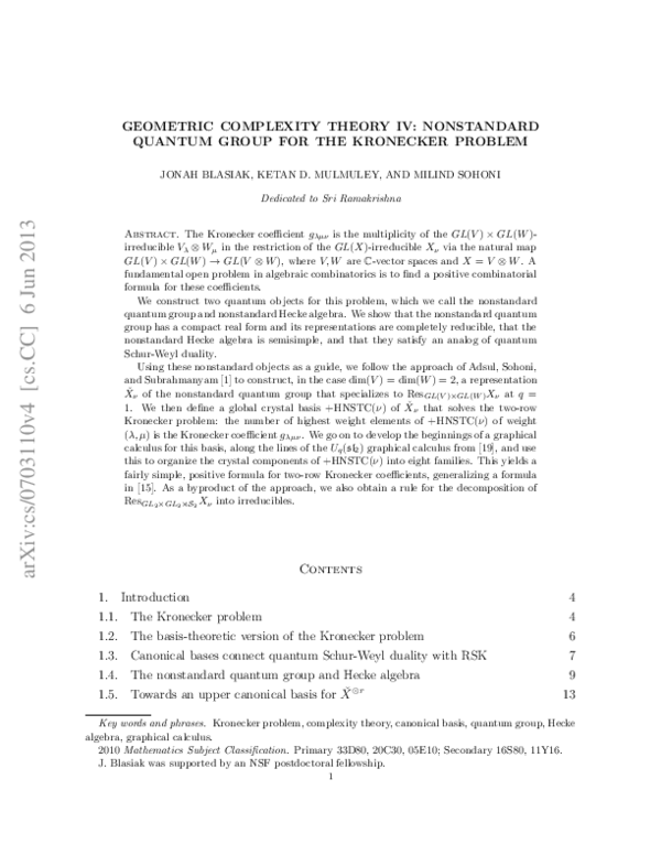 (PDF) Geometric Complexity Theory IV: nonstandard quantum group for the Kronecker problem