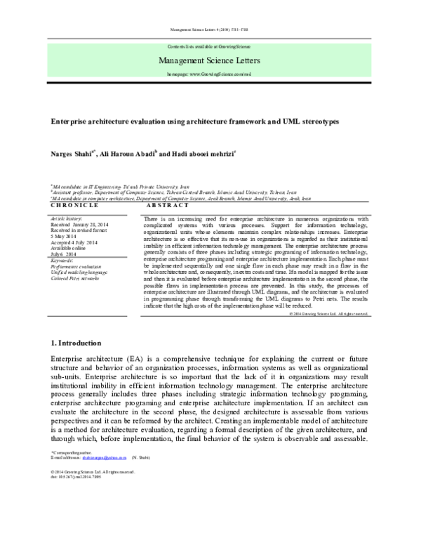 Pdf Enterprise Architecture Evaluation Using Architecture Framework And Uml Stereotypes
