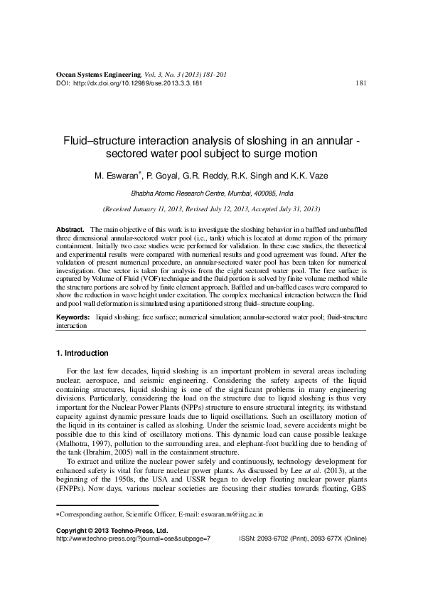(PDF) Fluid-structure interaction analysis of sloshing in an annular-sectored water pool subject ...