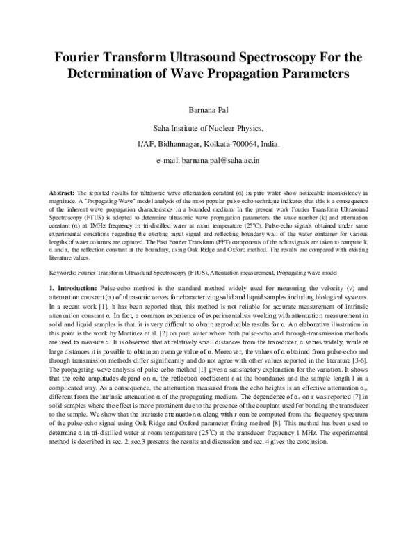 (PDF) Fourier Transform Ultrasound Spectroscopy for the determination of wave propagation parameters
