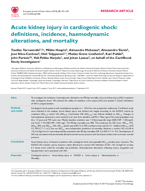 (PDF) Acute kidney injury in cardiogenic shock: definitions, incidence ...